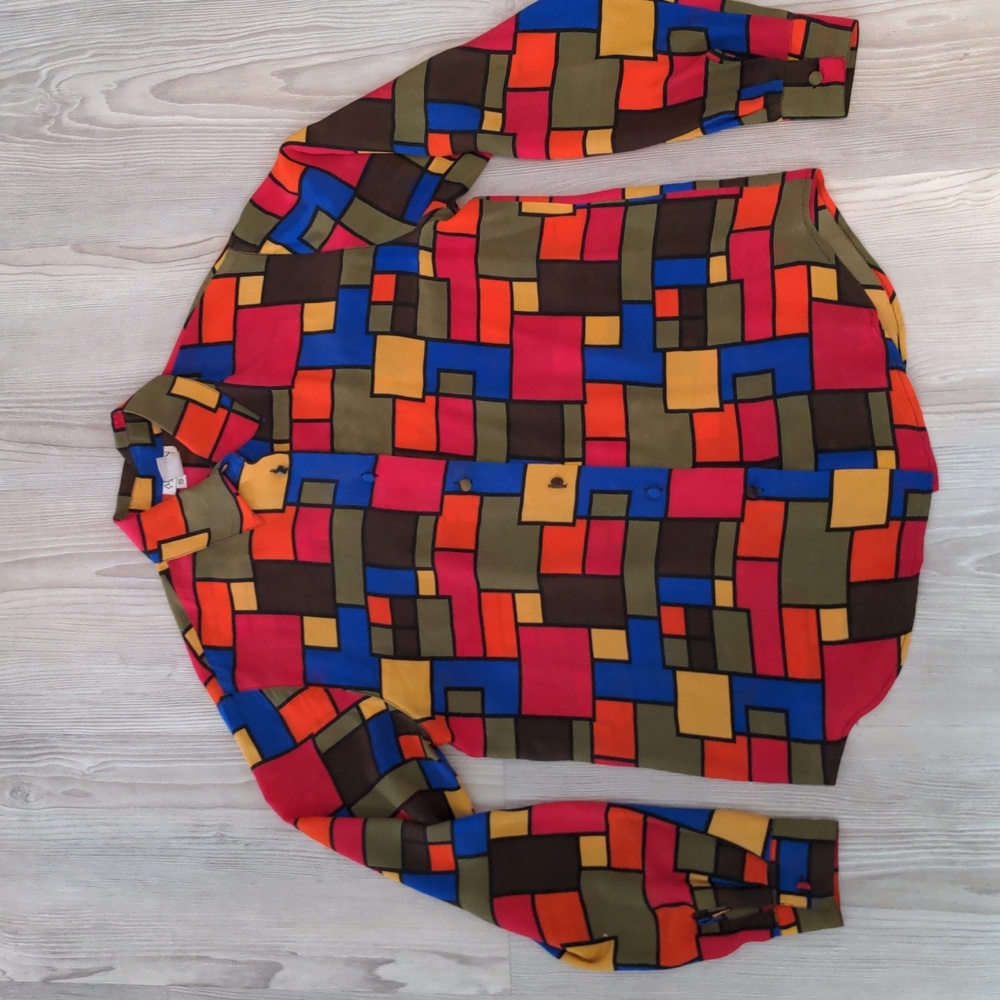 100% Silk Allison Taylor Colorful Blocks Button Up Sh… - Gem